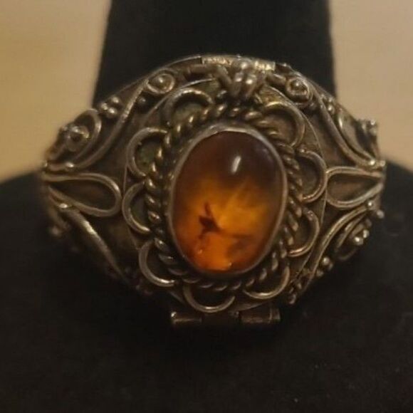 Jewelry | Rare Sterling Silver Amber Poison Ring Sz 95 | Poshmark